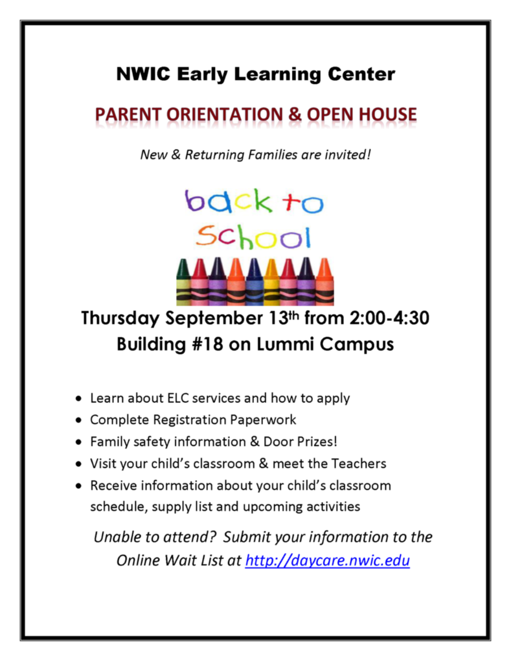 Early Learning Center Open House Sept 13th - Northwest Indian College